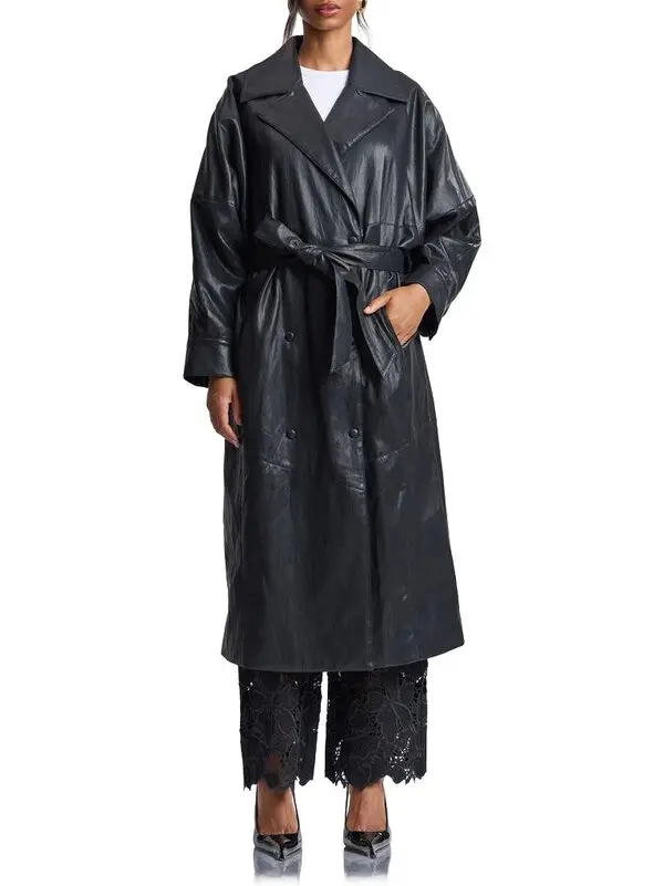 Avec Les Filles Shoulder Pad Faux Leather Long Coat - Black