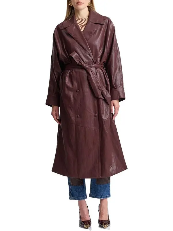 Avec Les Filles Shoulder Pad Faux Leather Long Coat - Bordeaux