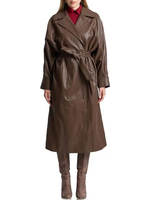 Avec Les Filles Shoulder Pad Faux Leather Long Coat - Haricot