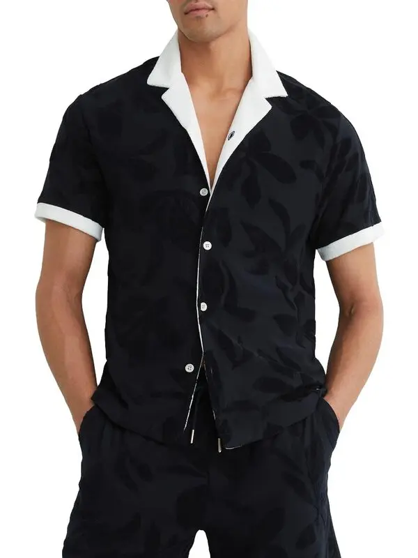 REISS Zuma Contrast Trim Floral Camp Shirt - Navy