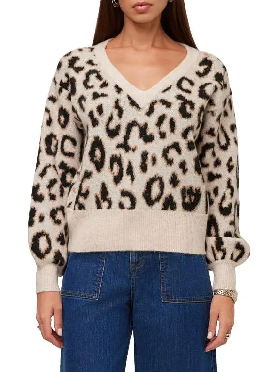 Fifteen Twenty Elodie Blouson Sleeve Print V-neck Sweater - Leopard