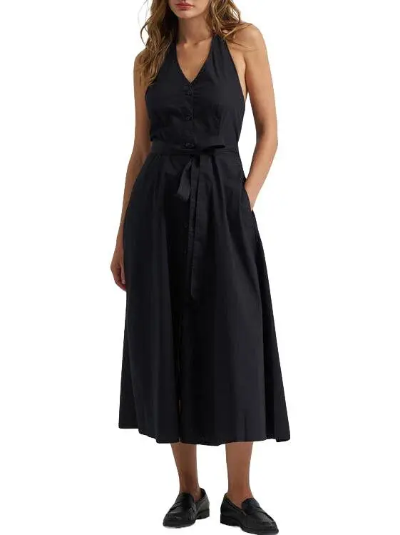 LEEM Button Front Cotton Halter Midi Dress - Black