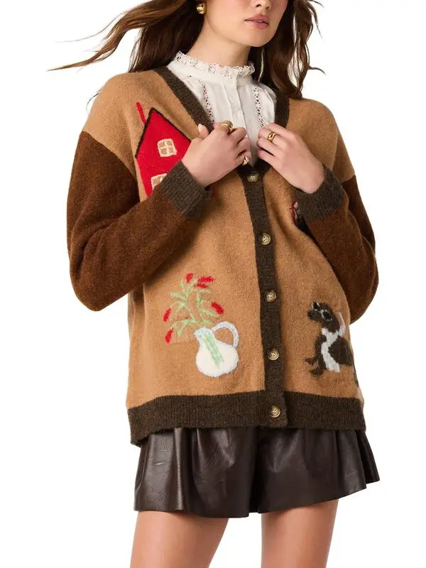Astr The Label Rosalinda Intarsia Cardigan - Camel Brown