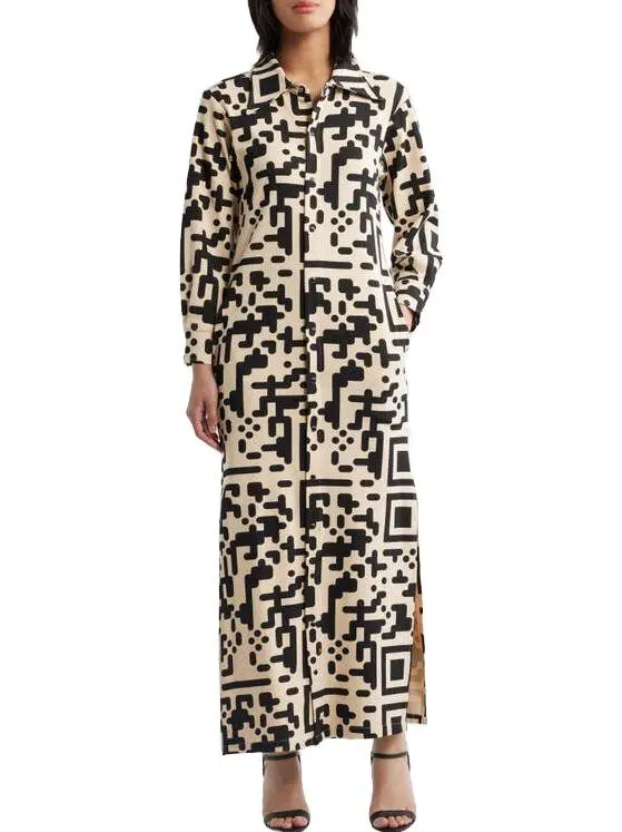 DAI MODA Qr Print Front Snap Midi Dress - Beige