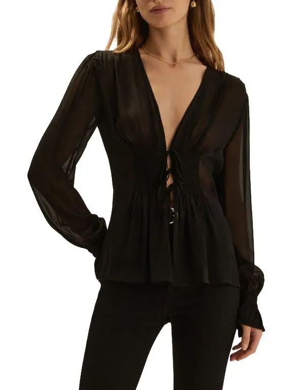 FAVORITE DAUGHTER One Last Time Smocked Tie Top - Black