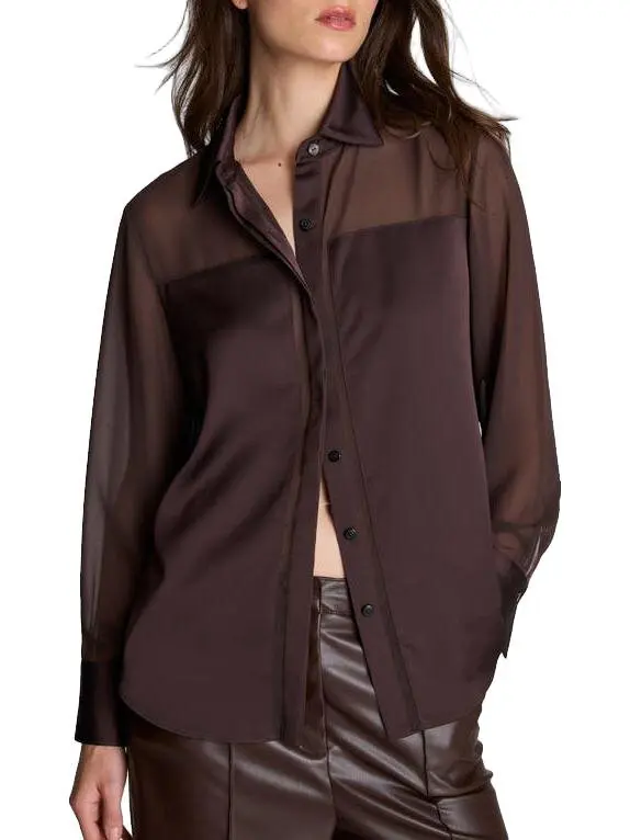 KENNETH COLE Sheer Panel Long Sleeve Shirt - Medium Bark
