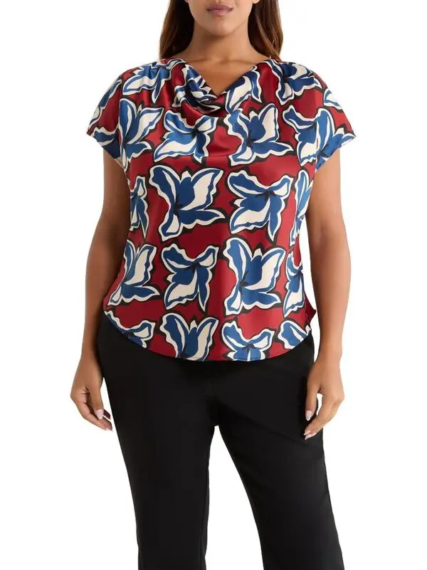 Anne Klein Floral Cowl Neck Cap Sleeve Top - Rust Multi