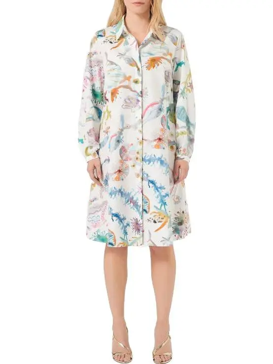 Marina Rinaldi Watercolor Print Long Sleeve Shirtdress - Ice