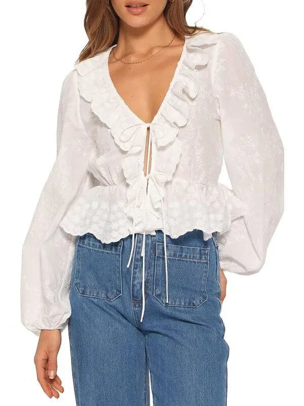 PETAL & PUP Issy Eyelet Ruffle Peplum Top - White