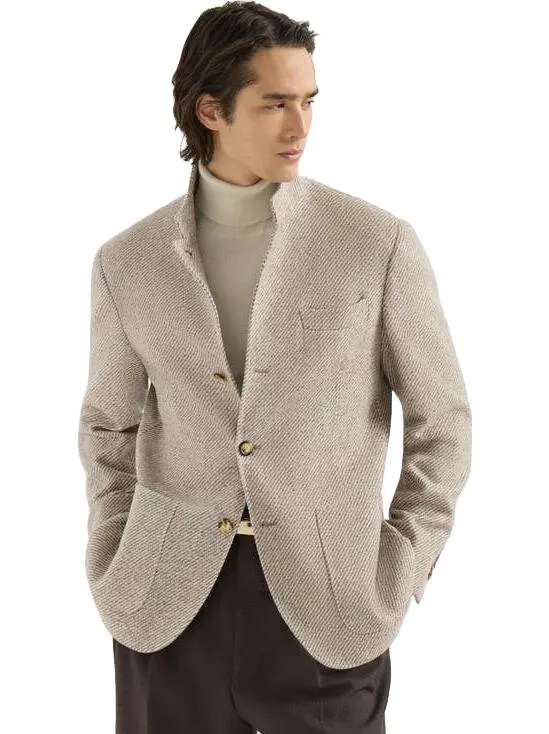 Brunello Cucinelli Cashmere And Silk Diagonal Outerwear Blazer With Patch Pockets - Sand