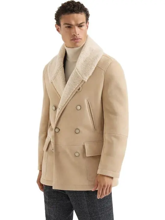 Brunello Cucinelli Double-breasted Shearling Pea Coat With Shawl Collar - Sand