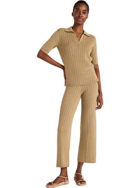 HAVEN WELL WITHIN Organic Cotton Ribbed Wide Leg Pants - Truffle