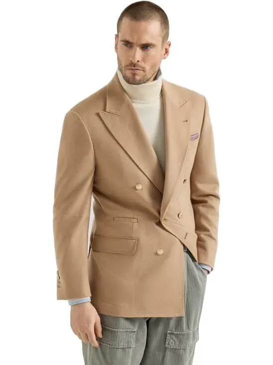 Brunello Cucinelli Flannel One-and-a-half Breasted Tailor Blazer With Metal Buttons - Camel