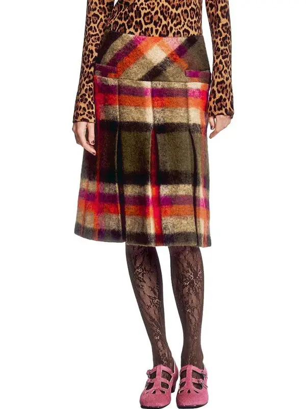 Anna Sui Brushed Wool Plaid Pleated Skirt - Autumn Multi