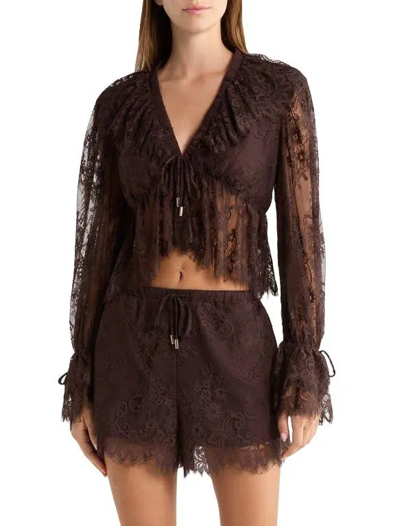 KITTENISH Long Sleeve Crop Lace Top - Chocolate Plum