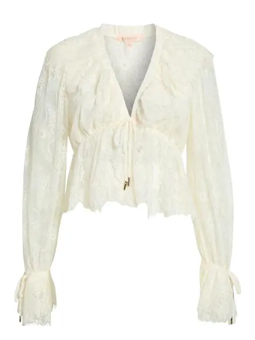 KITTENISH Long Sleeve Crop Lace Top - Egret