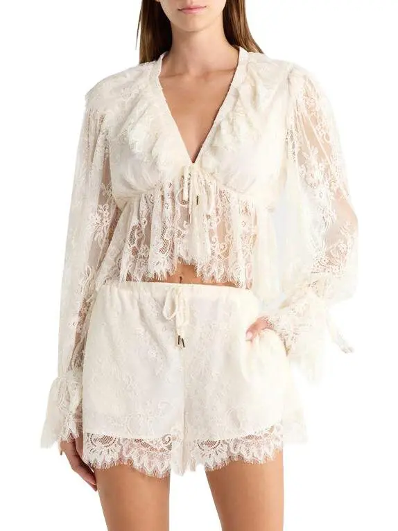KITTENISH Long Sleeve Crop Lace Top - Egret