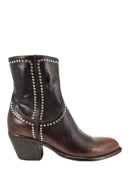 MADISON MAISON Leather Studded Western Ankle Boot - Brown