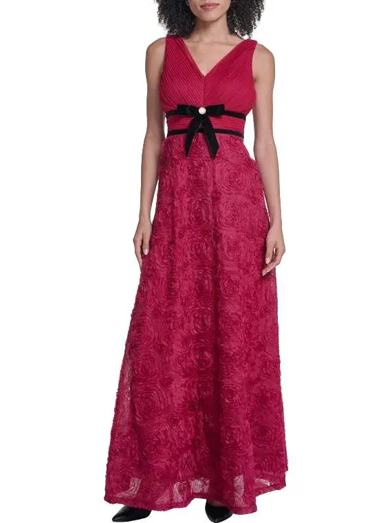 Karl Lagerfeld Paris Floral Bow Waist Sleeveless Gown - Cherry