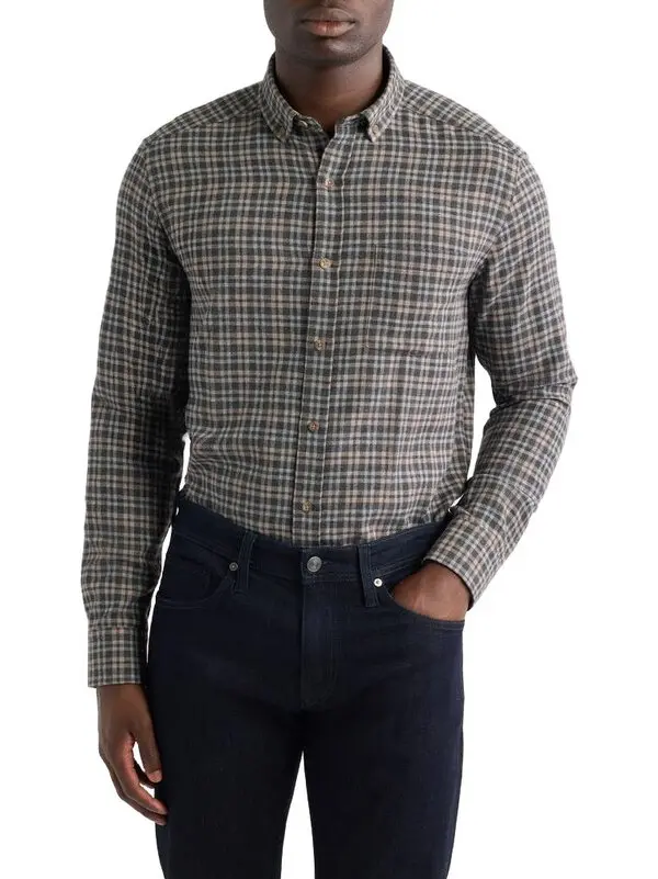 Johnston & Murphy Neal Heathered Check Flannel Button-down Shirt - Charcoal/tan Split Plaid