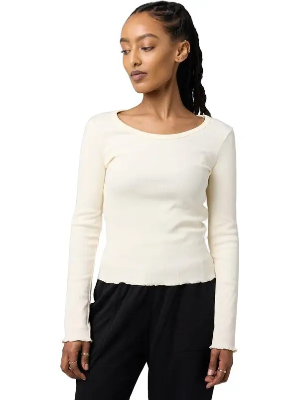 KNOWN SUPPLY Jill Ribbed Knit Top With Scalloped Hems - Stone