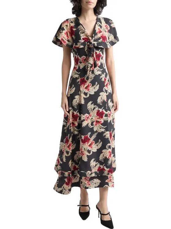 Cinq À Sept Antonetta Floral Tiered Midi Dress - Obsidian Multi