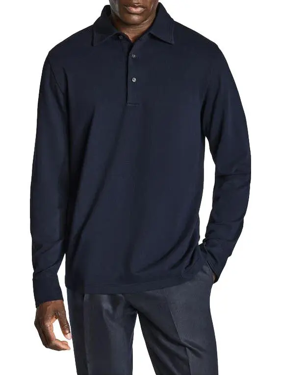 JACK VICTOR Long Sleeve Organic Cotton Polo - Navy