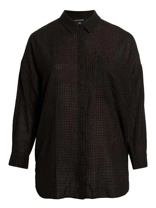 Eileen Fisher Classic Collar Long Shirt In Checked Blend - Coffee
