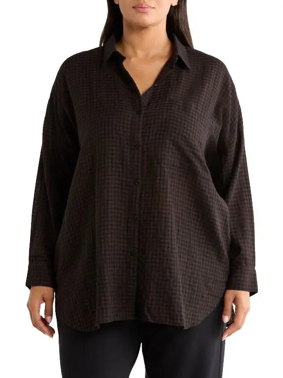 Eileen Fisher Classic Collar Long Shirt In Checked Blend - Coffee