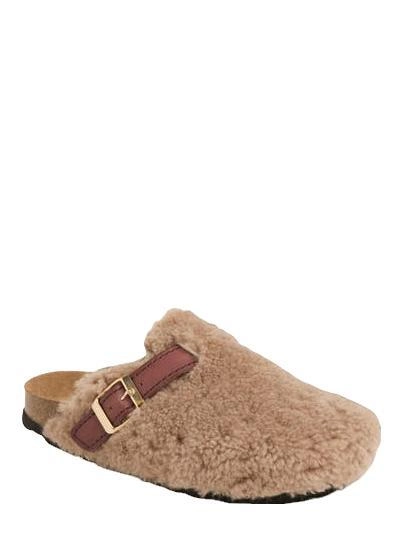 CELTIC & CO. Shearling Wool Teddy Clogs With Leather Strap - Beige