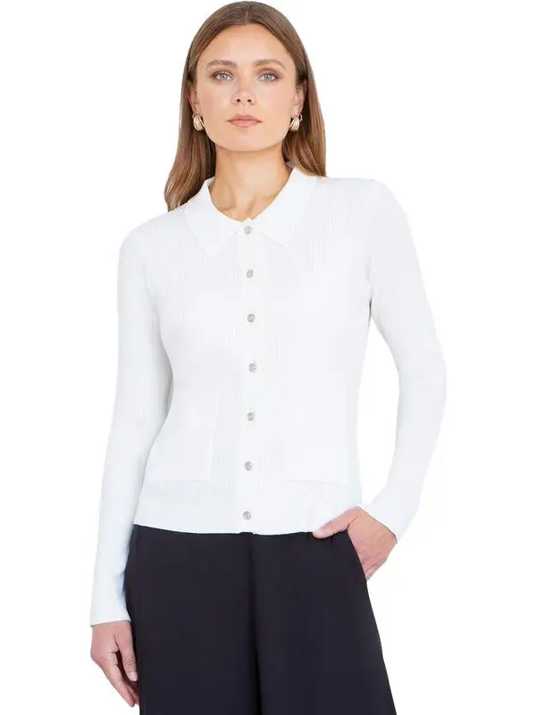 YUMI Ribbed Collar Button-up Cardigan - Ivory