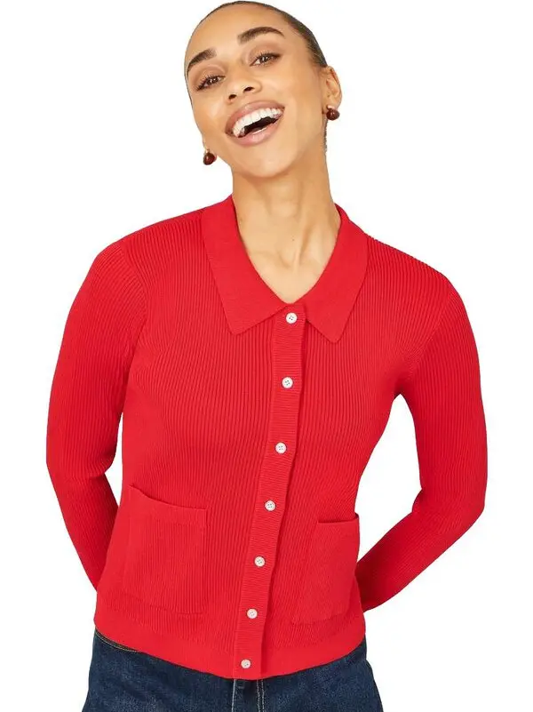 YUMI Ribbed Collar Button-up Cardigan - Red