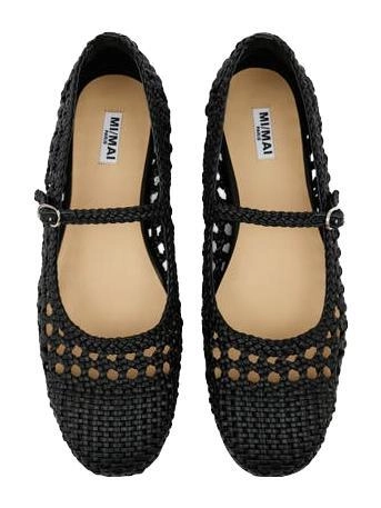 MI/MAI Ariana Woven Ballet Flats With Ankle Strap - Black