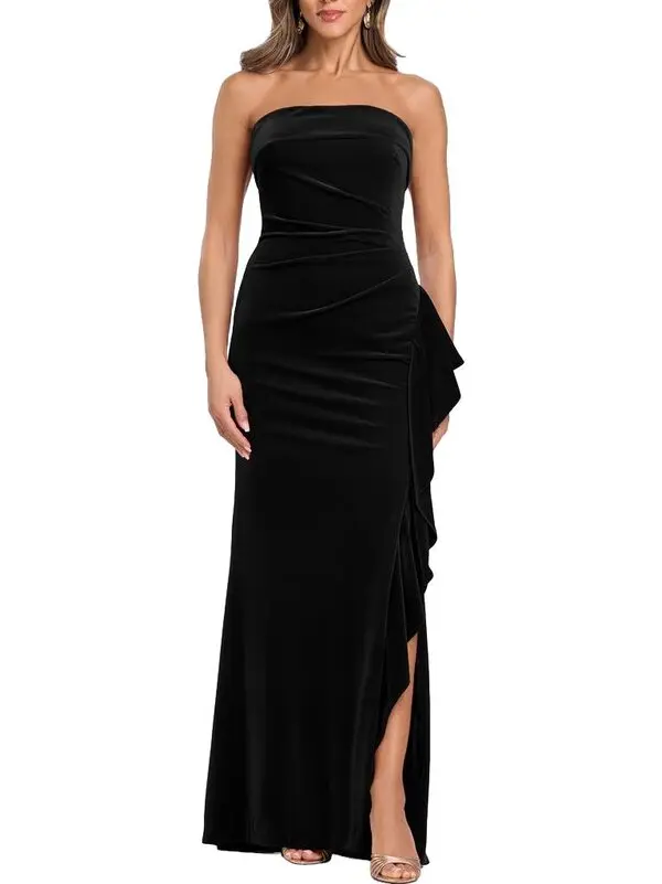 XSCAPE EVENINGS Strapless Velvet Gown With Ruffles And Slit - Black