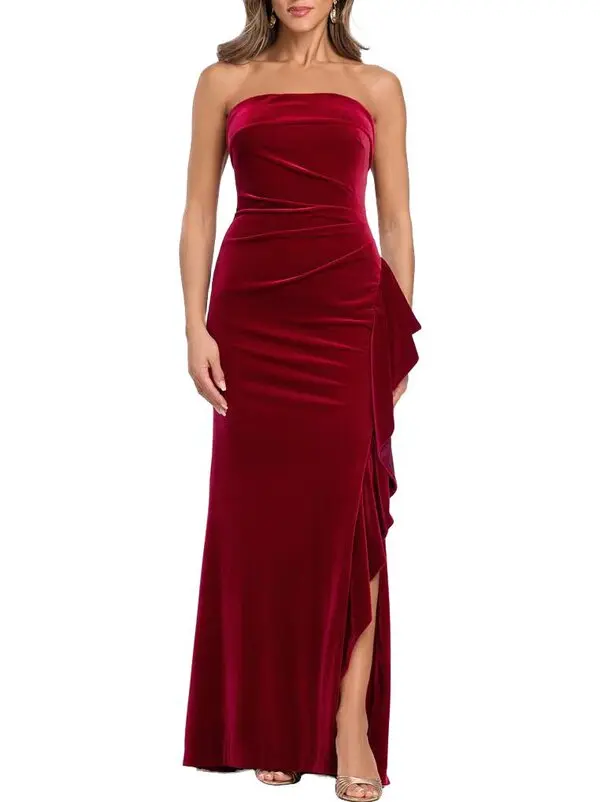 XSCAPE EVENINGS Strapless Velvet Gown With Ruffles And Slit - Garnet