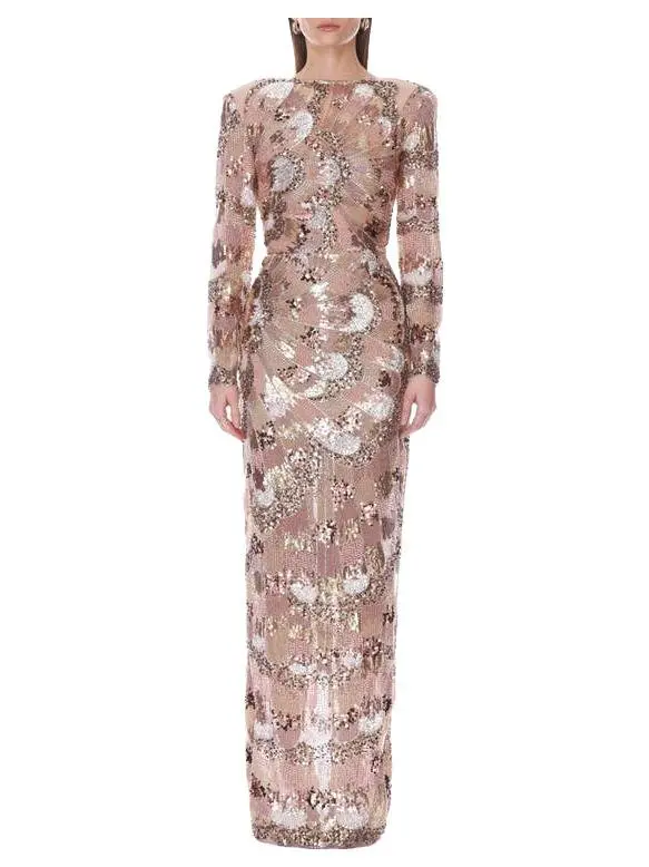 BRONX BANCO Sequin & Beaded Long Sleeve Gown - Metallic