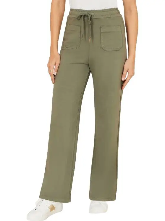 YUMI Relaxed Stretch Wide Leg Trousers - Khaki