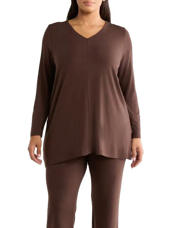 Eileen Fisher V-neck Tunic Top With Dropped Shoulders - Coffee