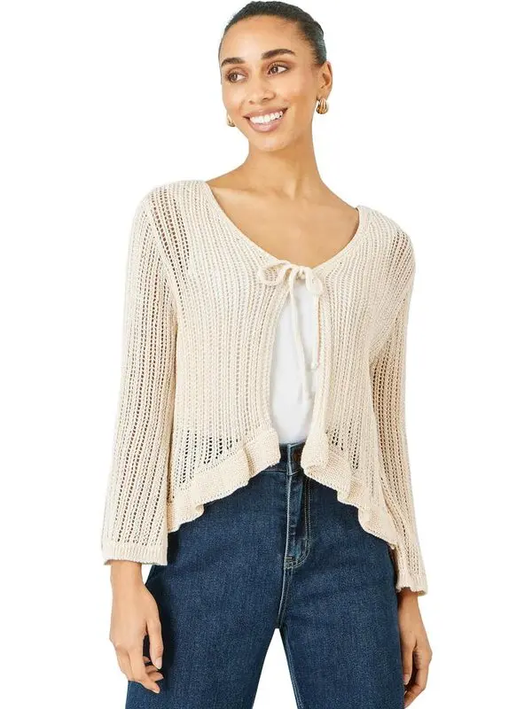 YUMI Tie Front Pointelle Cardigan - Beige