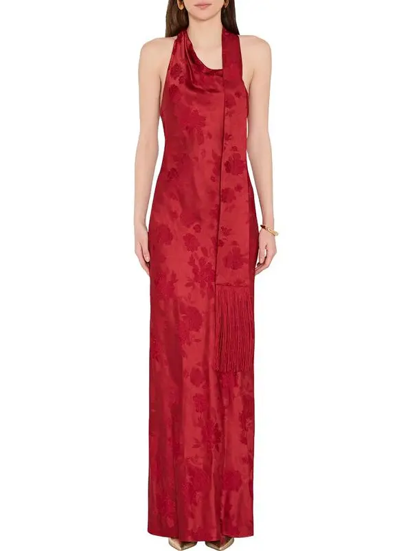 Amanda Uprichard Sonya Scarf Fringe Sleeveless Gown - Rust