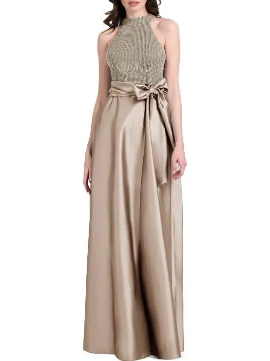 EMILY SHALANT Beaded Mock Neck Sleeveless Taffeta Gown - Silver