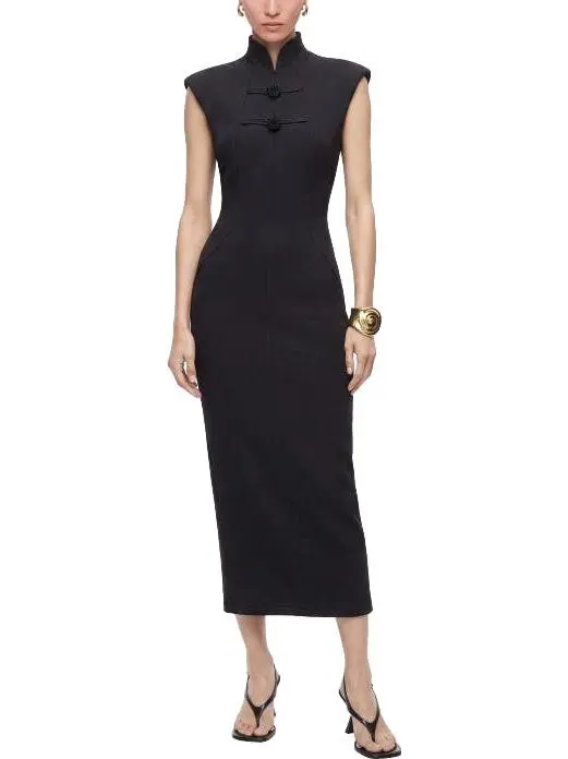 NOCTURNE Sleeveless Padded Shoulder Button Detail Maxi Dress - Black