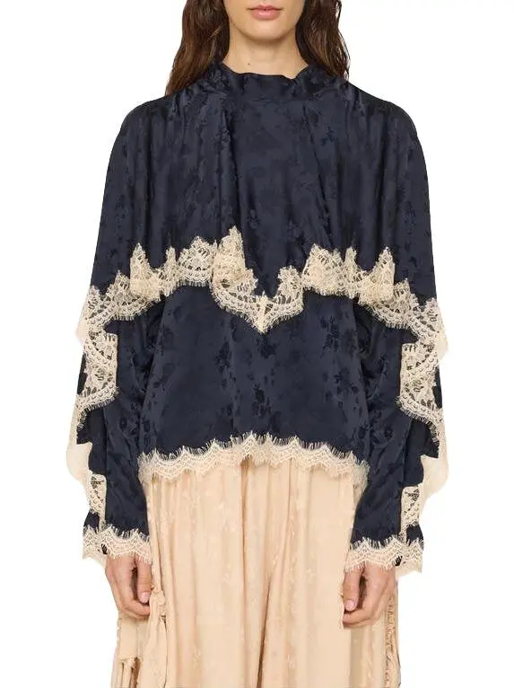 Sea Shay Floral Jacquard Lace Top - Navy