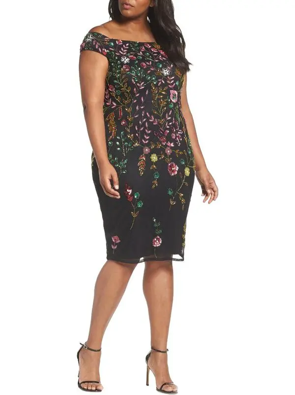 Adrianna Papell Embellished Off The Shoulder Sheath Dress - Black Multi