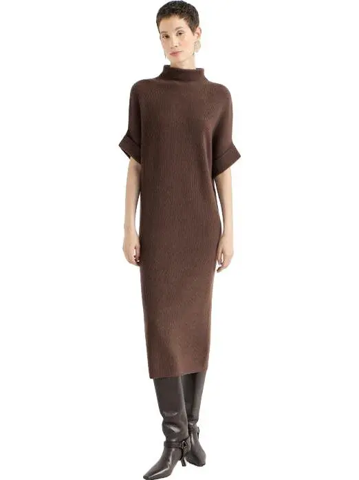 Brunello Cucinelli Cashmere Rib Knit Mock Neck Dress - Brown