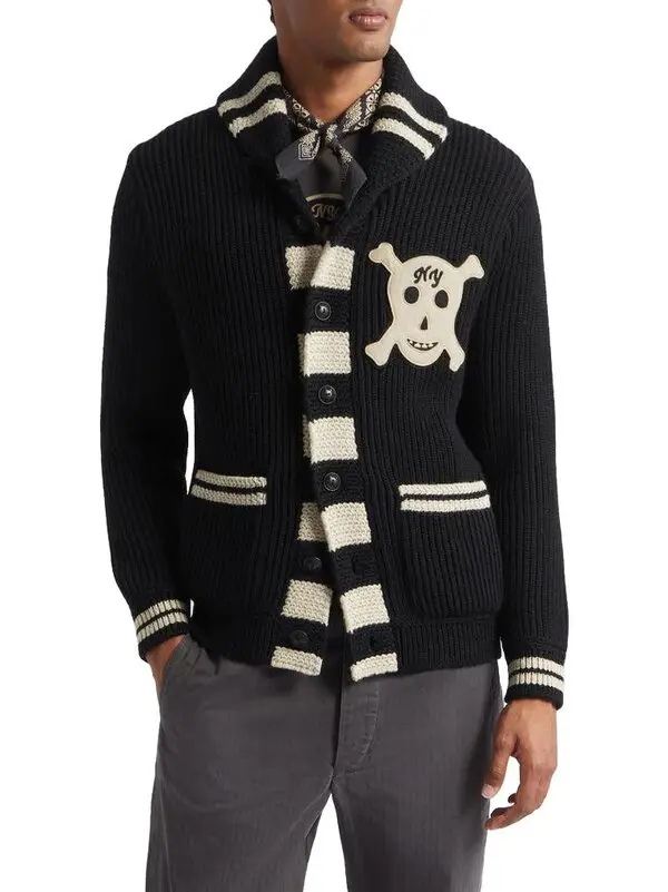 Double Rl Wool Cardigan With Skull Patch - Black/cream