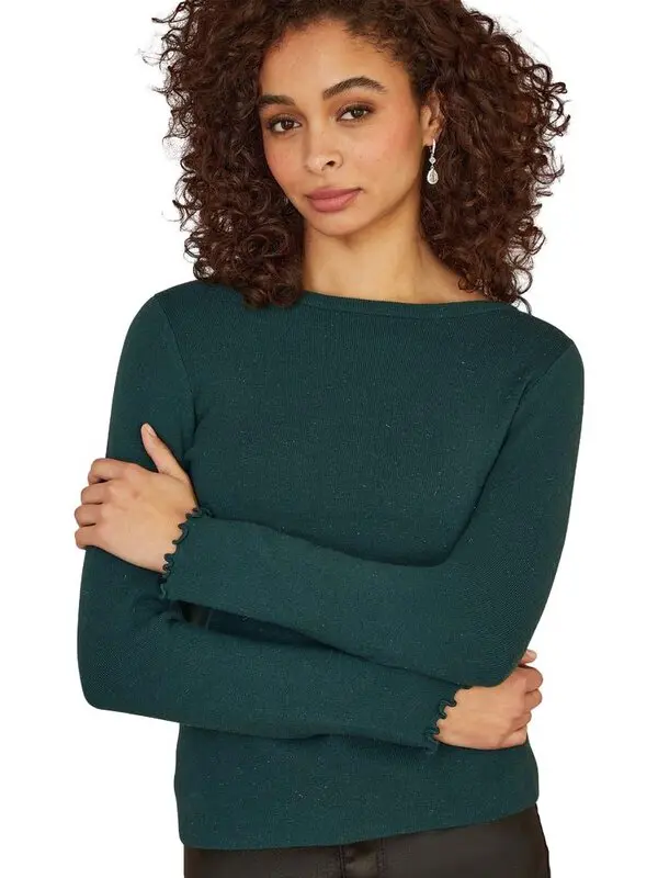 YUMI Sparkle Long Sleeve Boatneck Knit Jumper - Green