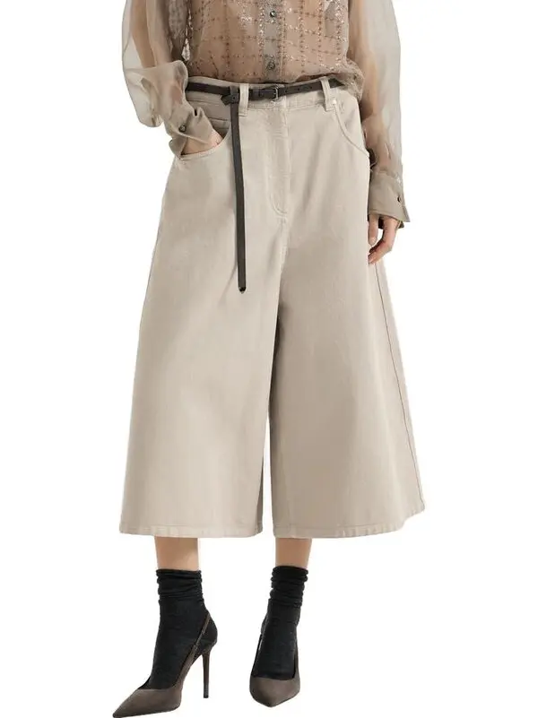 Brunello Cucinelli Dyed Denim Wide Cropped Trousers With Monili - Sand