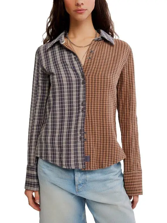 Free People Benny Slim Plaid Cotton Shirt - Brown Combo