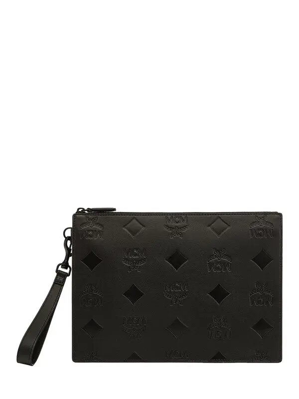Mcm Maxi Aren Embossed Leather Wristlet Pouch - Black